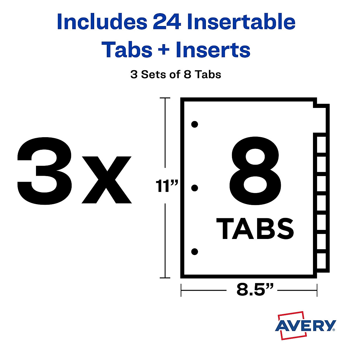 Avery Dividers for 3 Ring Binders, 8-Tab Binder Dividers, Plastic Binder Dividers, Insertable Big Tabs, Multicolor, 3 Sets (71901)