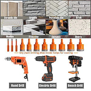 Tile Hole Saw Kit Triangle Shank Diamond Drill Bits Set for Porcelain Tile Ceramic Marble Brick Granite Stone,6/8/10/25/35/38/50/65mm+35mm 5/8-11 Beveling Chamfer Bit Cone Tile Bit+Adapter