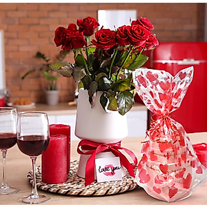 18 Valentine Cellophane Basket Bags with Twist Ties 22" x 25" Jumbo Large Valentines Day Red Heart Gift Wrap Clear Cello Plastic Bag for Baskets