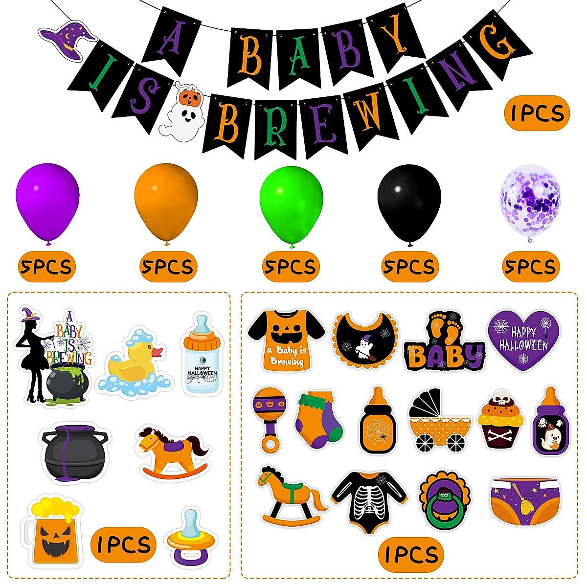 Funnlot A Baby Is Brewing Baby Shower Decorations 47pcs Baby Shower Halloween Decorations with Baby Is Brewing Balloons Banner Halloween Baby Shower Decorations for Halloween Party Supplies Favors