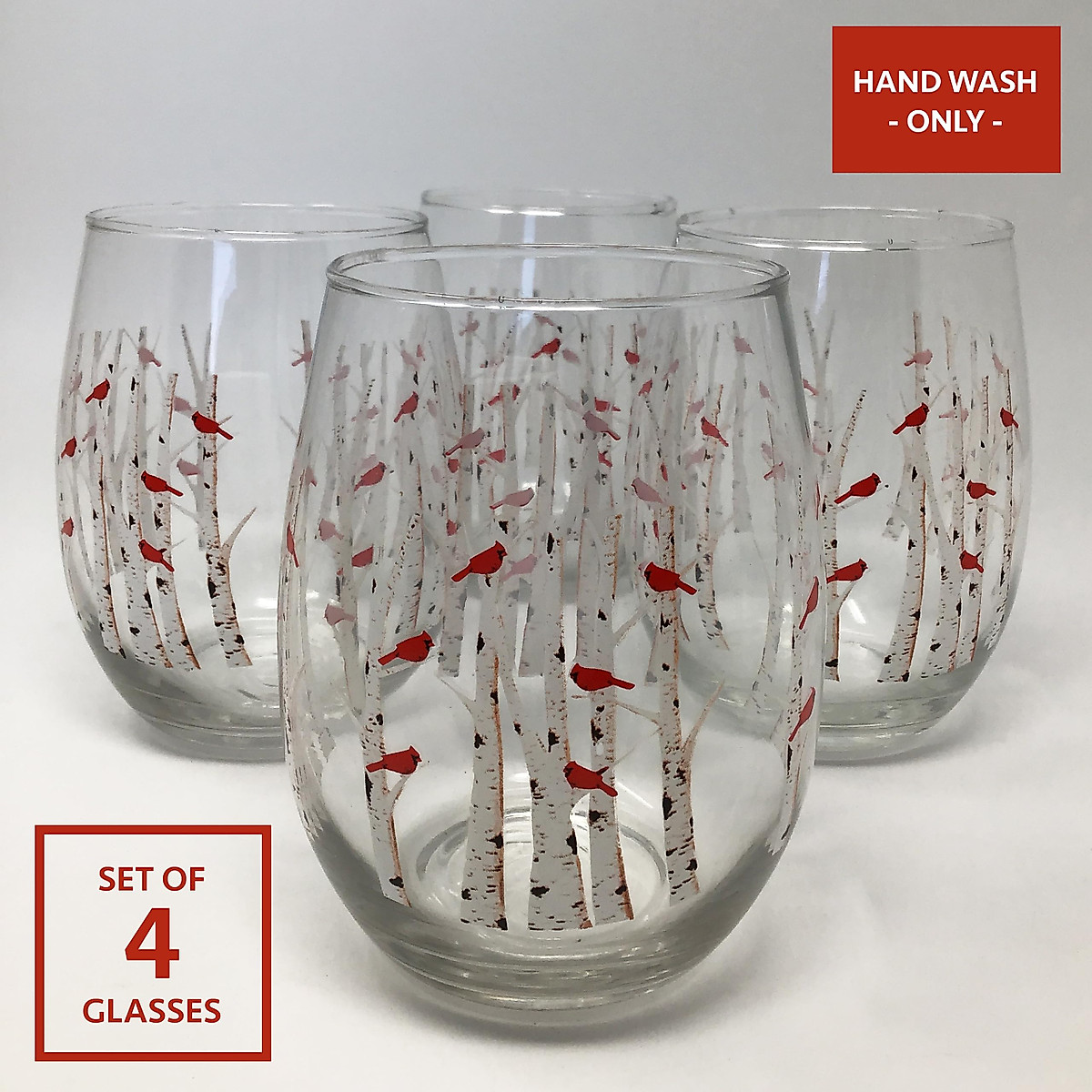 BANBERRY DESIGNS Cardinal Wine Glass - Set of 4 - Stemless Glasses - Cardinals Perched on White Birch Trees - All Occasion - Approximately 4 3/4" H 20 oz