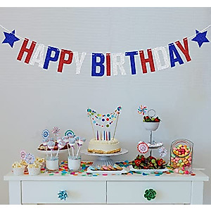 4th of July Happy Birthday Banner, Independence Day Birthday Party Decorations, Patriotic Independence Day Themed Birthday Decorations Blue Red White Glitter