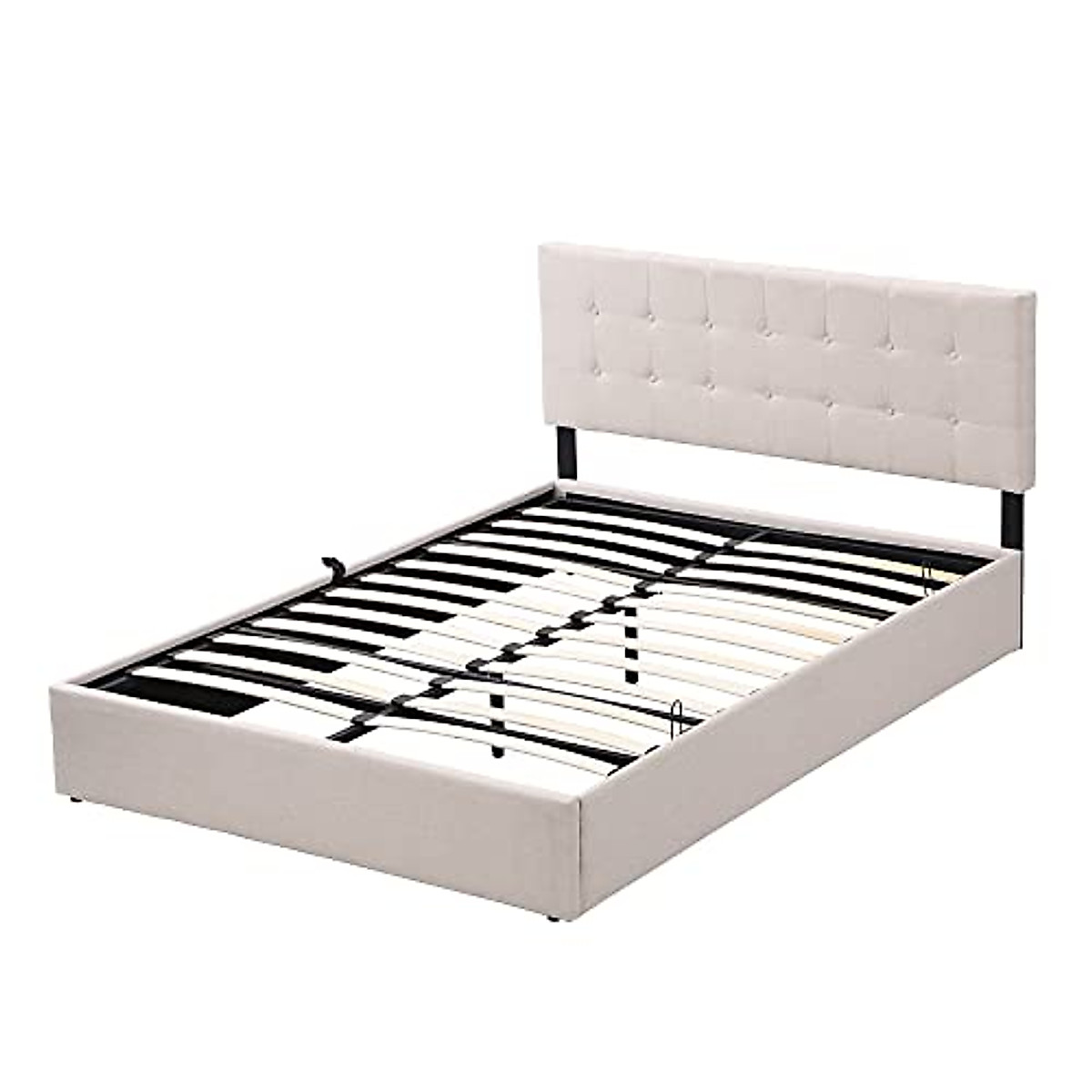 Contemporary Linen Upholstered Platform Bed Mattress Foundation w/Button Tufted Headboard&Slats for Adult,Low Panel Bedframe w/Gas Lift up Storage Space&Wooden Slats,No Box Spring Needed (Beige,Queen)