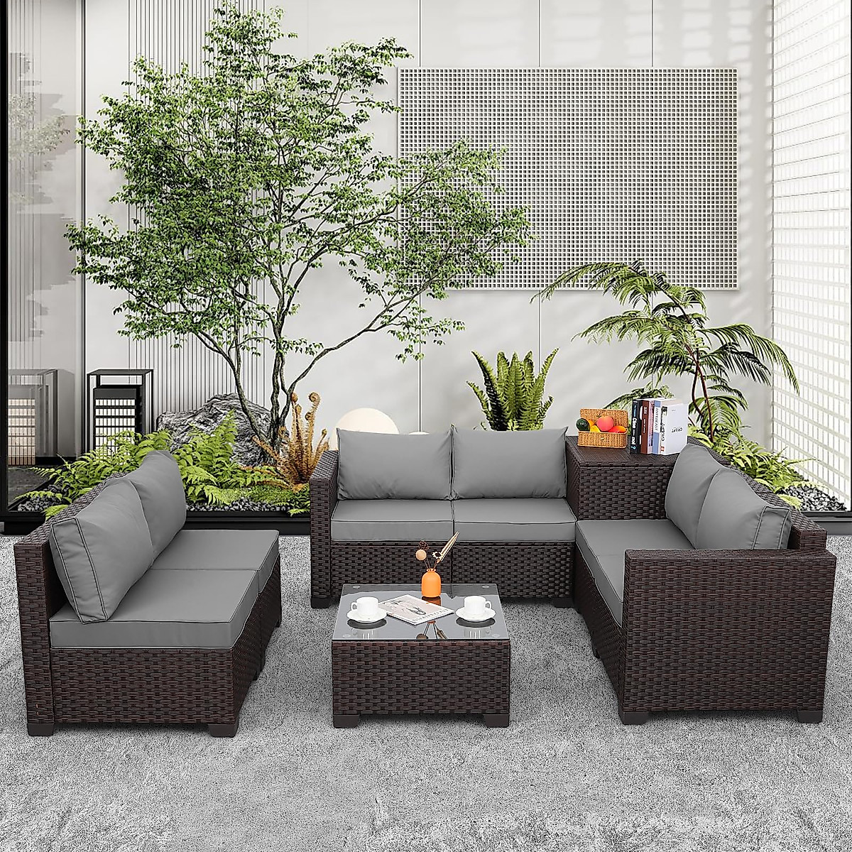 Wicker Patio Furniture 6 Pieces Outdoor Sectional Sofa Patio Conversation Sets Patio Loveseat Outdoor Sofa with Patio Storage Box and Non-Slip Grey Cushions