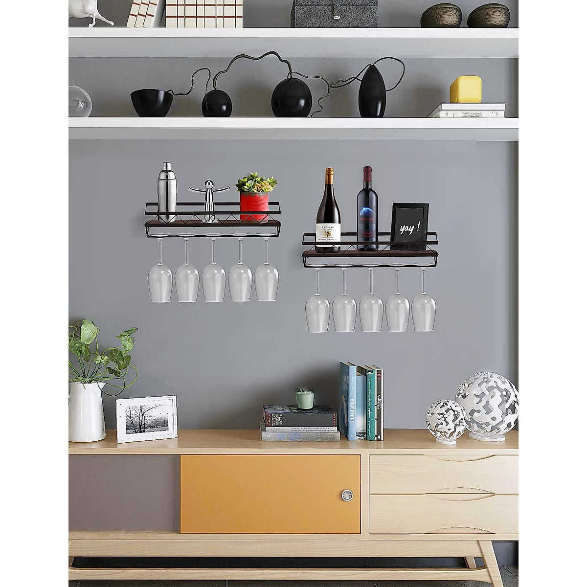 Wine Rack Wall Mounted, Bextcok 2-Pack Wine Glass Rack Wall Mounted Floating Wine Shelf with Glass Holder Champagne Display Storage Rack Wood Rustic for Kitchen Dining Room Bar Decoration, Bronze