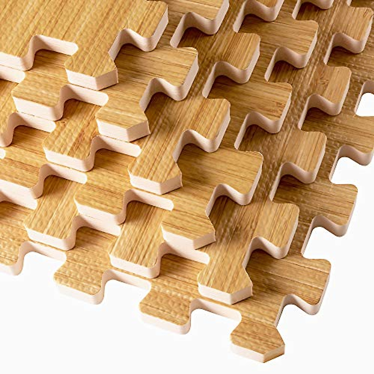 FOREST FLOOR Thick Printed Foam Tiles, Premium Wood Grain Interlocking Foam Floor Mats, Anti-Fatigue Flooring, 3/8" Thick, Light Bamboo, 24 Square Feet (6 Tiles)