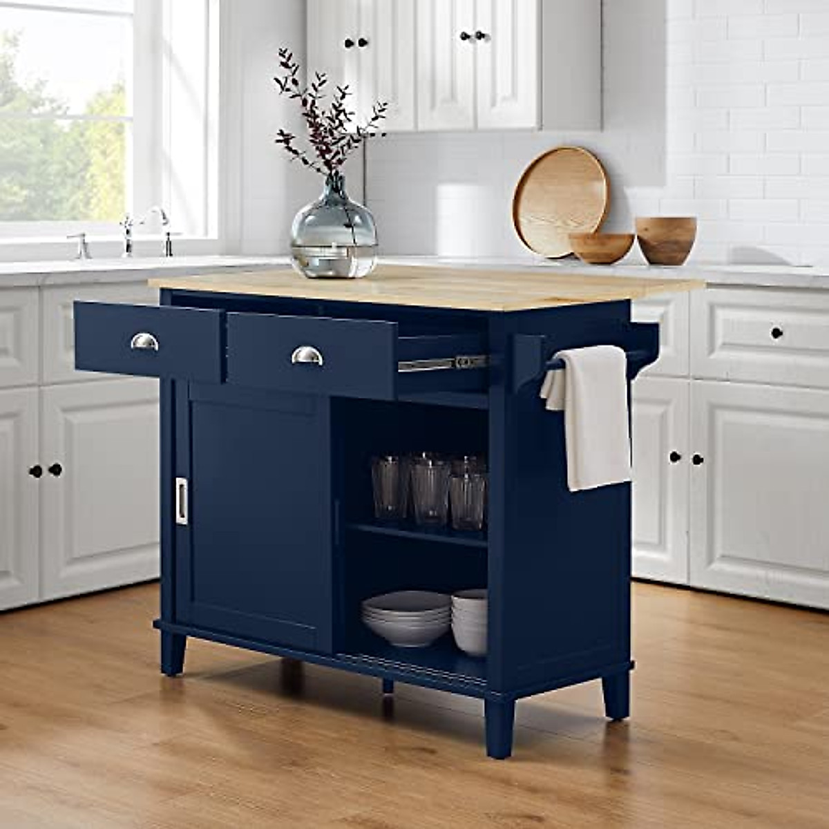 Crosley Furniture Cora Drop Leaf Kitchen Island Microwave Stand, Coffee Bar with Storage Drawers and Shelves, Navy