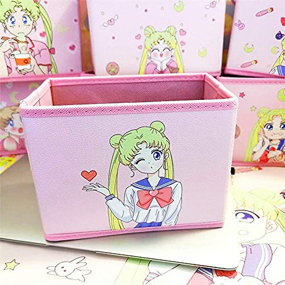 NocksyDecal Sailor Girl Storage Bins Set, Anime Cartoon Storage Box Pink Cute Storage Cube Basket Bin Organizer, Desk Organizer for Office Bedroom Home, Closet (3Pcs/Set)