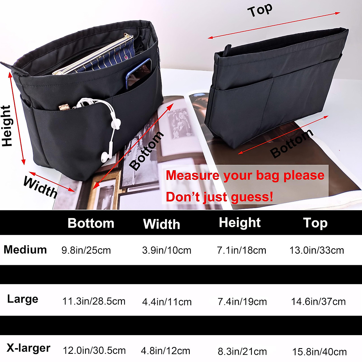 Time Wing Purse Organizer Insert Tote Handbag Organizer Pocketbook Divider Bag in Bag Shaper Liner Multi Pockets Compartments Zippers Key Chain Large Black
