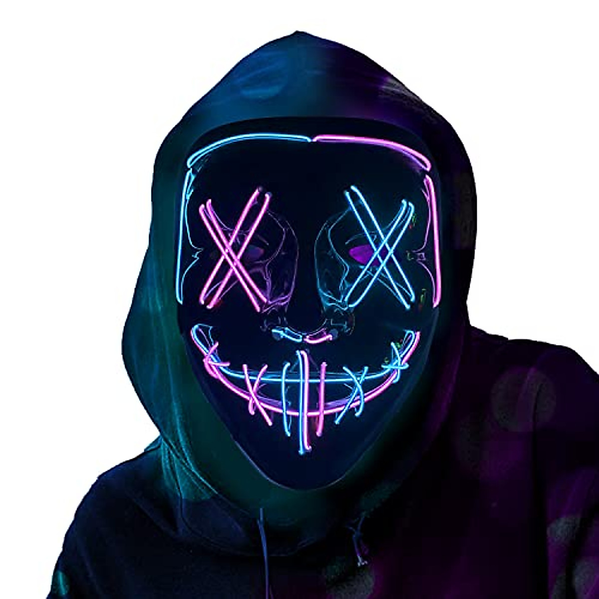 Halloween Purge Mask Light Up Scary Mask EL Wire LED Mask for Festival Party Gifts (Blue-Pink)