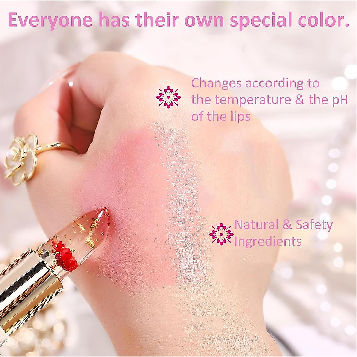 Rosarden Crystal Jelly Flower Color Changing Lipstick, Long Lasting Lip Balm for Women, Flower Lip Gloss Jelly Lip Stain, Korean Tinted Lip Balm,Temperature & PH Color Changing Lipstick