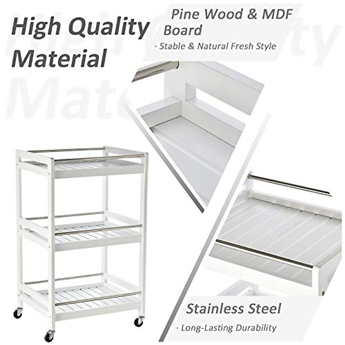 TybAtt Carts 3-Tier Home Trolley Kitchen Storage Cart W/Steel Bars 4 Universal Wheels Rolling Unit Organiser Living Room