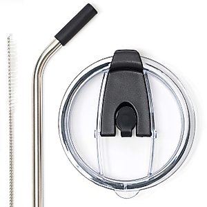 Spill Proof Tumbler Lid with Angled Stainless Steel Straw + Silicone Straw Tip + Straw Cleaning Brush for Yeti Rambler or Ozark Trail Tumblers (30oz, Black)