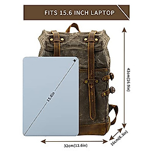 CRUITBILI Waxed Canvas Leather Hiking Travel Waterproof Backpack For College Weekend Travel Fit 15in Laptops (Army Green)