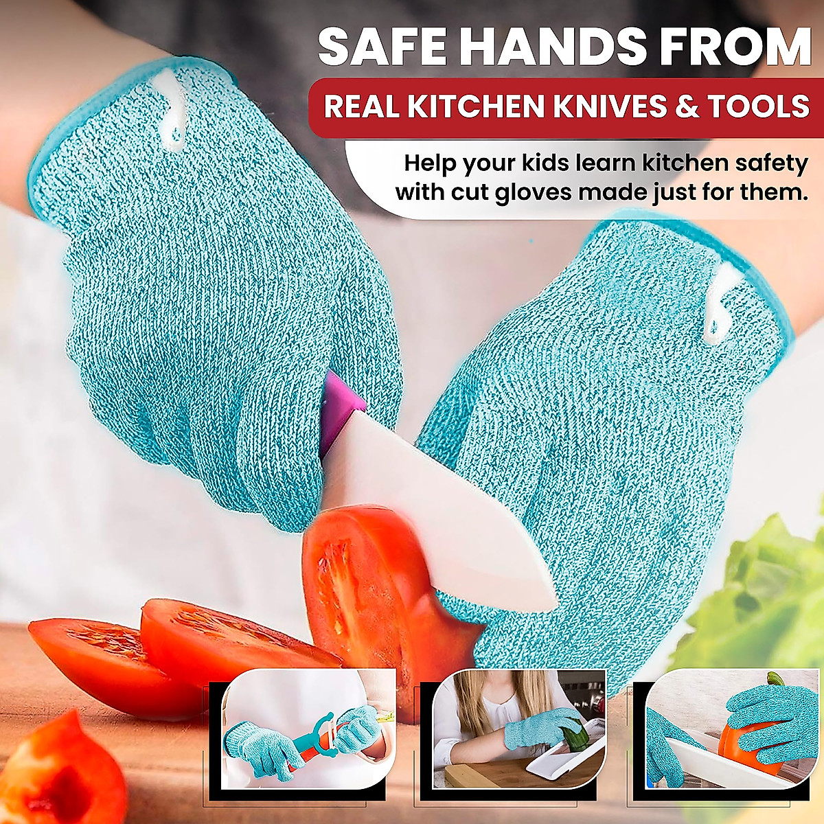 TruChef Kids Cut Resistant Gloves (Ages 4-8) - Aqua - Maximum Kids Cooking Protection| Safe hands from Real Kitchen Knives and Tools