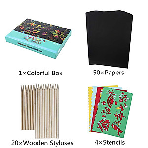 LUREME Scratch Art Set, 50Pcs Rainbow Magic Scratch Paper Set Black Scratch Off Art Crafts Notes Boards Sheet with 5 Wooden Stylus 4 Drawing Stencils for Easter Party (ME000009)