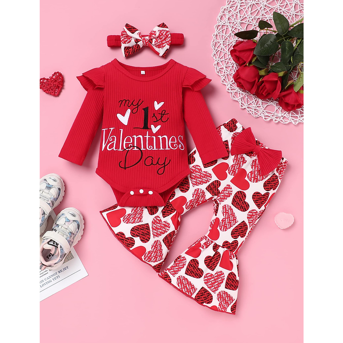 My First Valentines Day Baby Girl Outfit Newborn Baby Bodysuit + Ruffle Bell Bottom Pants + Headband Valentines Clothes Set