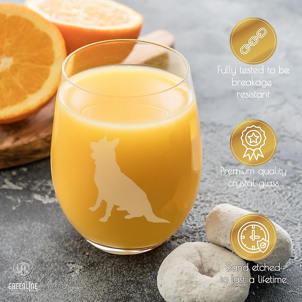 German Shepherd Stemless Wine Glasses (Set of 2) | Unique Gift for Dog Lovers | Hand Etched with Breed Name on Bottom