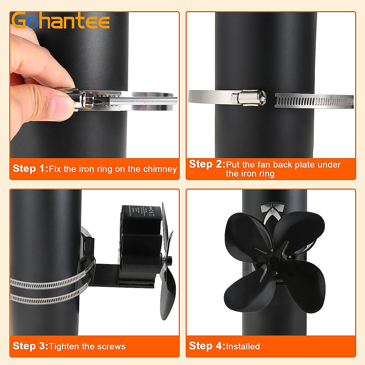 gohantee Heat Powered Stove Fan 4 Blades, Flue Pipe Hanging Fireplace Fan for Wood Logs Burners Fireplace Eco Friendly Efficiently Wood Stove Pipe Fan with Thermometer