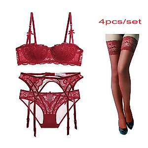 Bluewhalebaby Sexy Lingerie for Women Demis Push-up Lace Bra and Panty Set with Suspender Garter Belt For Thigh High Stockings Red 36B