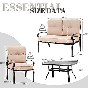 Crownland 4 Pieces Outdoor Furniture Patio Conversation Set (Loveseat, 2 Patio Dining Chairs, Coffee Table), Metal Frame is Suitable for Garden Yard Balcony (Brown)