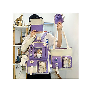 DACHAIHU Kawaii Backpack 5Pcs Set Aesthetic School Bags 17in Cute Bookbag with Badge&Pendant,Shoulder Bag,Pencil Box,Tote Bag,Small Bag Purple