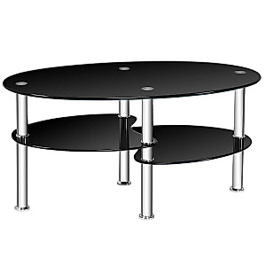 Casart Glass Coffee Table End Table 2 Tire for Home &Office with Sturdy Chrome Plated Legs Tea Table (Black)