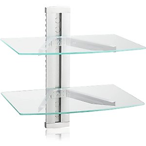 suptek 2 Tiers Glass Floating Shelves, Flat Black Wall Mount Bracket, AV Shelf, Media Shelf for DVD Player / PS4 / Cable Boxes/Game Consoles/Sky Box/TV Accessories, 17.6kg Load Capacity