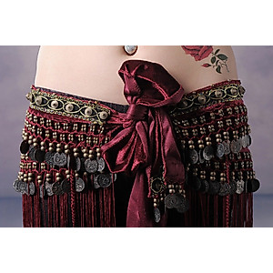 ZLTdream Women's Belly Dance Tribal Hip Scarf with Fringe Coins Flannel Dark Red, One Size