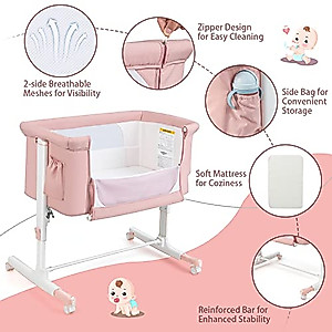 HONEY JOY Baby Bassinet Bedside Sleeper, 3-in-1 Easy Folding Portable Crib for Baby with Wheels, 5 Adjustable Heights, Easy to Assemble Bed to Bed, Mattress & Carry Bag for Infant Newborn (Pink)