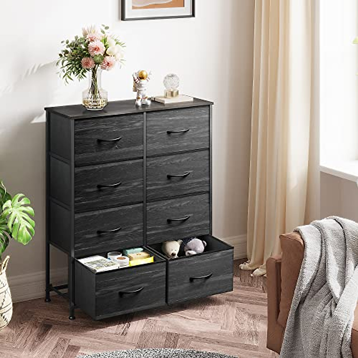 WLIVE Fabric Dresser for Bedroom, Tall Dresser with 8 Drawers, Storage Tower with Fabric Bins, Double Dresser, Chest of Drawers for Closet, Living Room, Dormitory, Charcoal Black Wood Grain Print