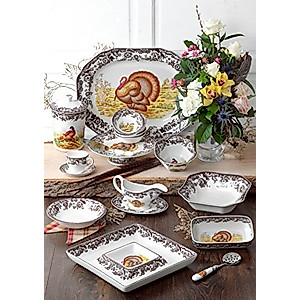 Spode Woodland Square Chip and Dip Serving Set with Turkey Motif | 12" Large Serving Platter for Thanksgiving | Ideal for Snacks, Veggies, and Appetizers