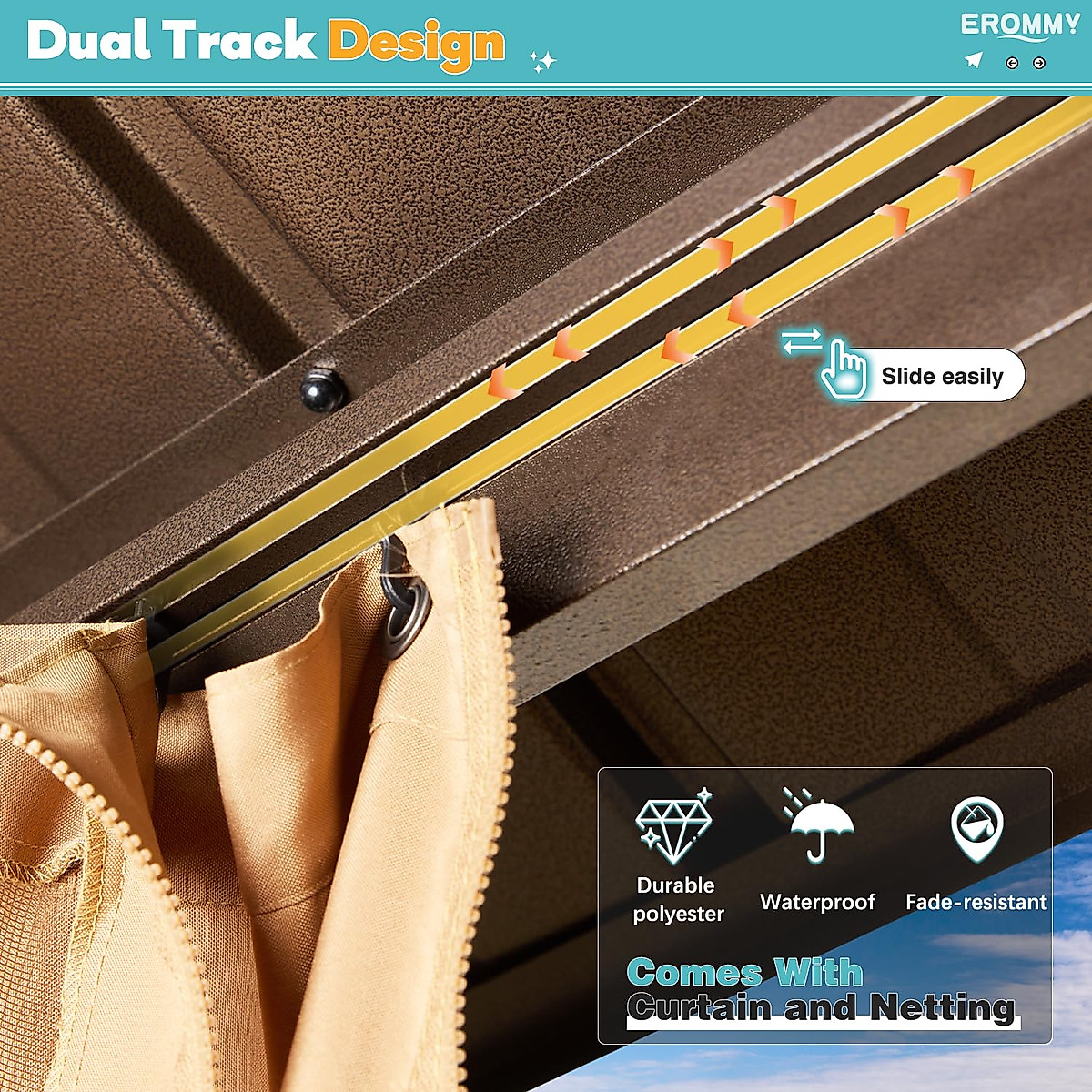 EROMMY Hardtop Gazebo 12' x 12', Galvanized Steel Double Roof Gazebo with Aluminum Frame, Permanent Outdoor Metal Pavilion with Curtain and Netting for Patio, Lawn and Garden