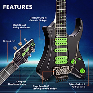 Traveler Guitar Vaibrant V88X Deluxe Electric Guitar for Travel | Small Guitar with Compact Headstock Shape | Full 25.5” Scale Travel Guitar | Portable Mini Guitar with Custom Gig Bag, Cosmic Black