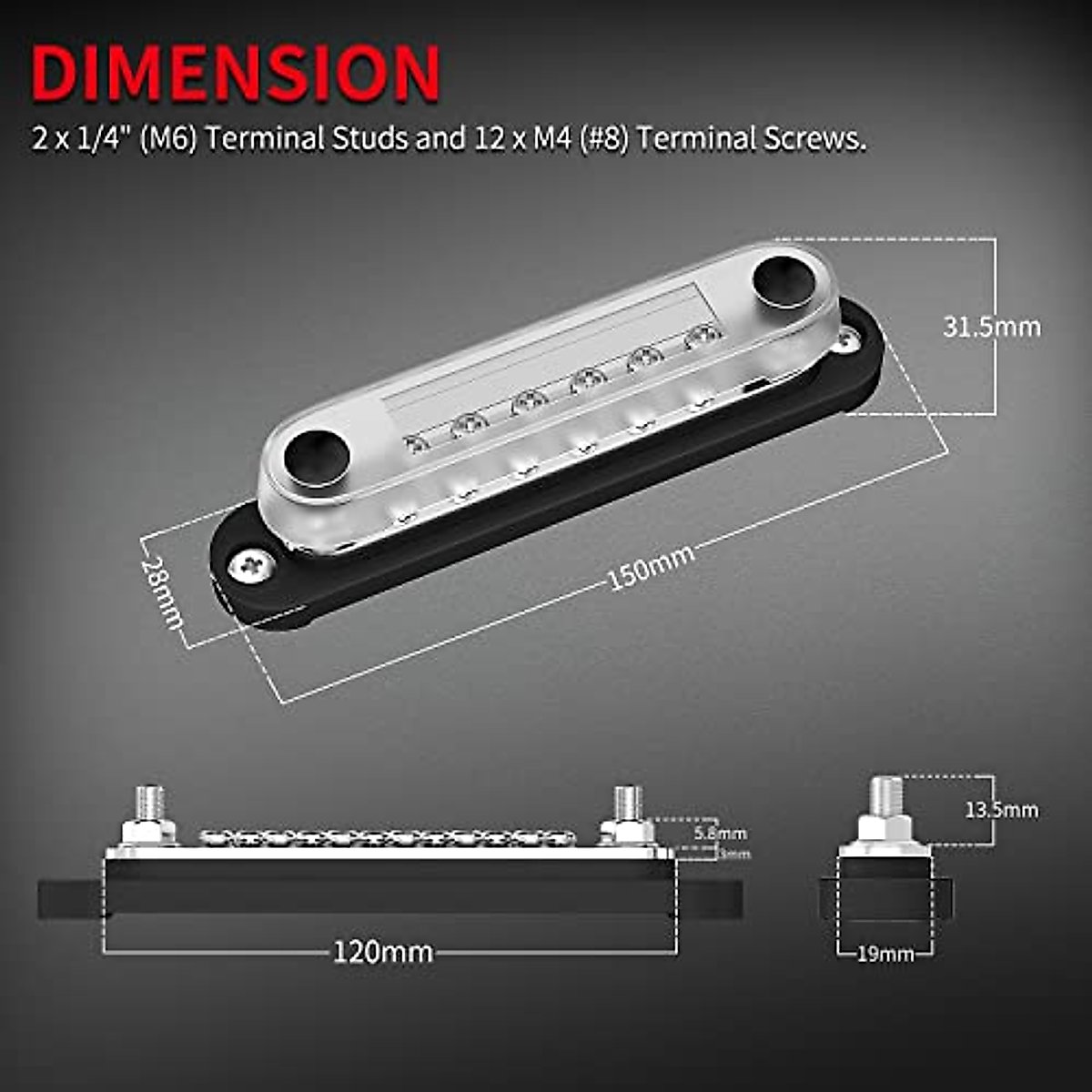 DaierTek 12V Power Distribution Block 2 x 1/4" (M6) Terminal Studs 12 x M4 (#8) Terminal Screws Battery Bus Bar Terminal Block Max 48V Positive & Negative Busbar for Automotive Car Boat