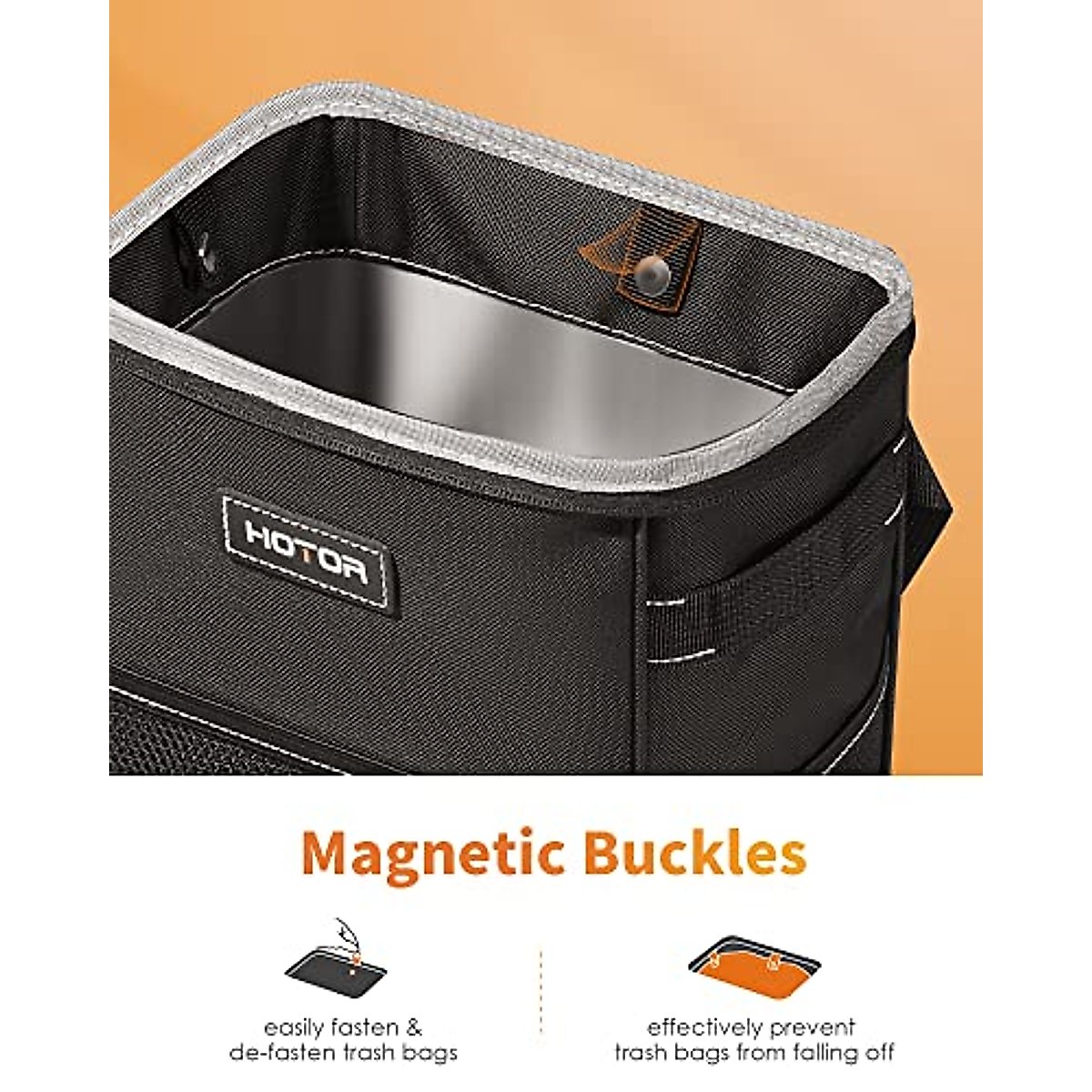 HOTOR Trash Can with Lid and Storage Pockets, 100% Leak-Proof Organizer, Waterproof Garbage Can, Multipurpose Trash Bin for Car - Black