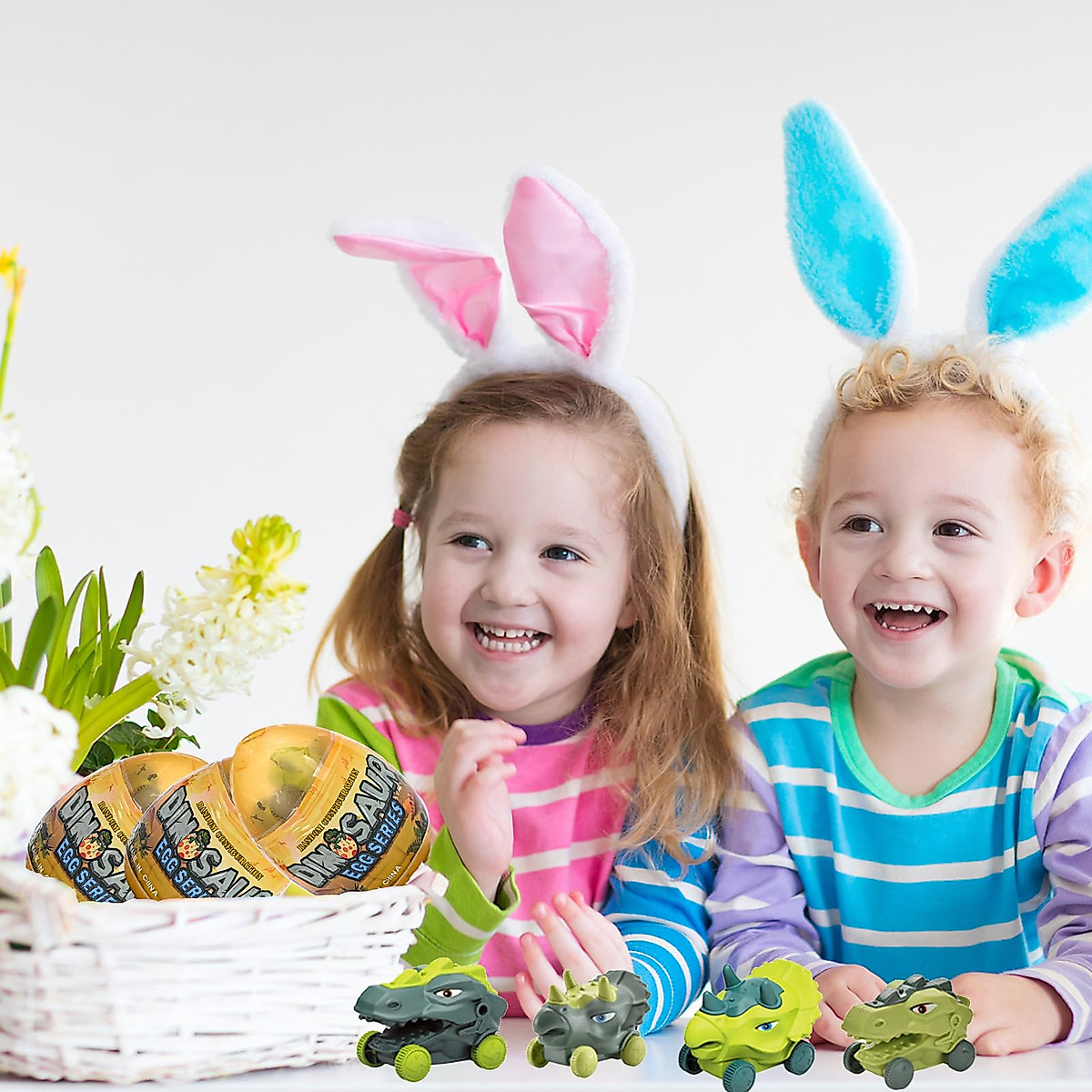 Kijamilee 4PCS Jumbo Easter Eggs with Dinosaur Pull Back Cars, Easter Eggs with Toys Inside, Large Plastic Filled Easter Eggs for Kids Easter Egg Hunt, Easter Basket Stuffers for Toddler Boys Girls