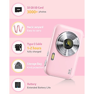 Digital Camera, FHD 1080P Kids Camera with Neck Lanyard 32GB Card Battery, Anti-Shake 16X Digital Zoom, 44MP Point Shoot Cameras, Compact Portable Small Gift Camera for Kid Teen Student Girl Boy(Pink)