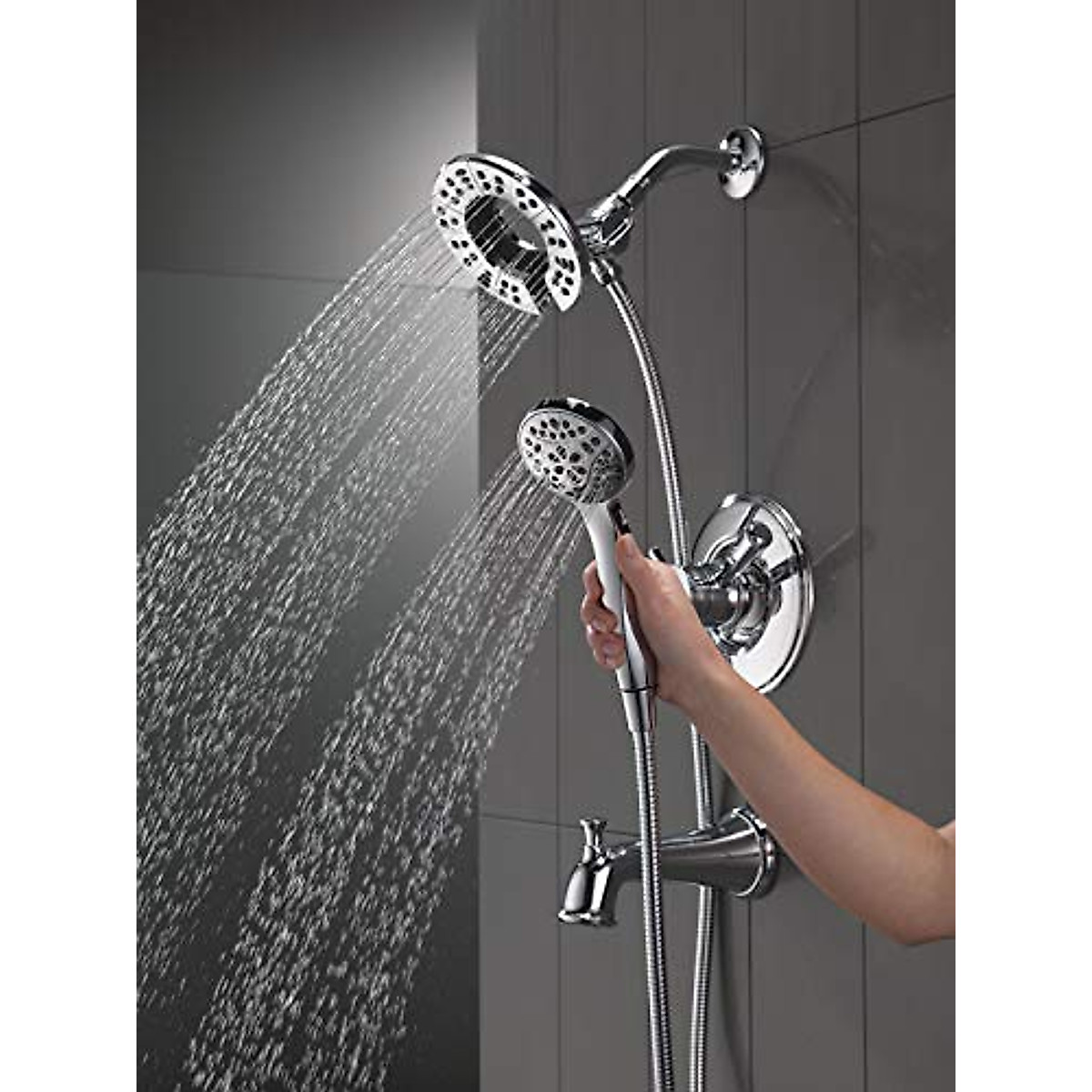 Delta Faucet Linden 17 Series Dual-Function Tub and Shower Trim Kit, Shower Faucet with 4-Spray In2ition 2-in-1 Dual Hand Held Shower Head with Hose, Chrome T17493-I (Valve Not Included)