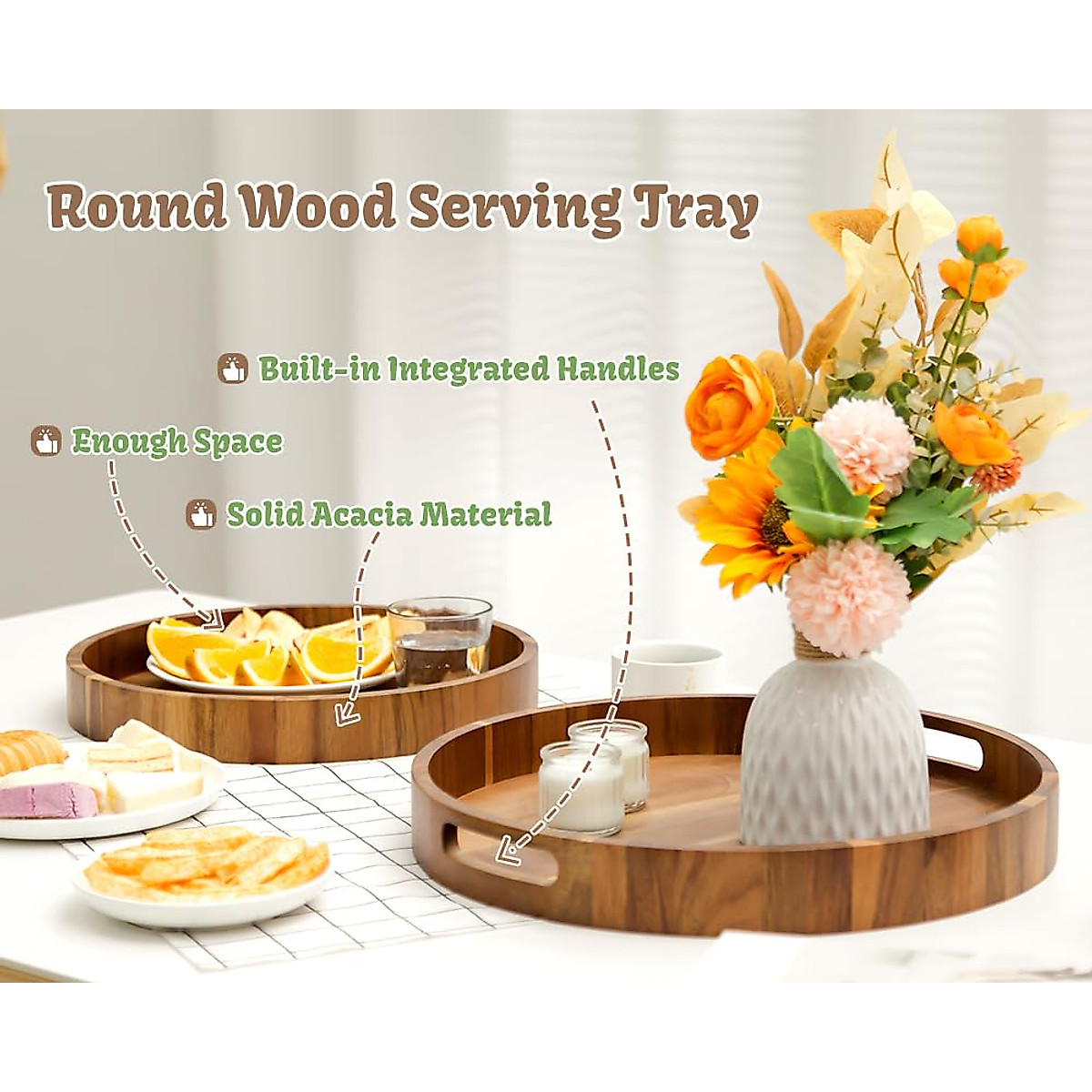 Full Solid Round Decorative Serving Tray | Farmhouse Style Acacia Wood Trays for Ottoman Coffee Table Bath Counter Organizer Tray | Kitchen Tray Platter Living Room Candle Decor | for All Occasion