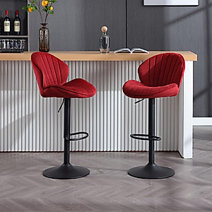 SZLIZCCC Shell Barstools Set of 2, Black Chassis Adjustable Swivel Bar Stool, Velvet Mid Back Bar Chair,Kitchen Counter Stool (Red)