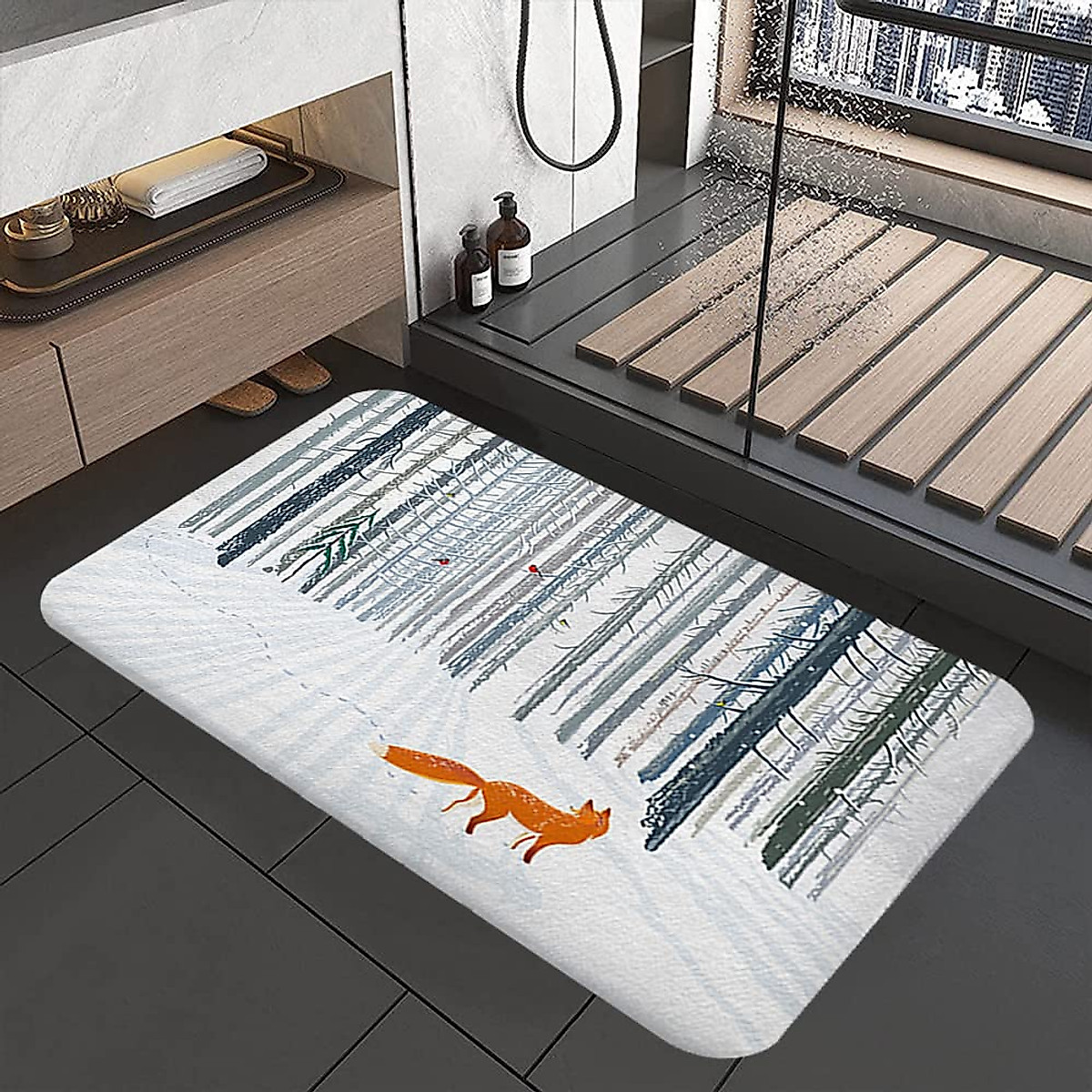 JAWO Winter Christmas Bath Mat Snow Covered Pine Trees Winter Season Animal Red Fox and Cardinals Idyllic Seasonal Scenery Bathroom Decor Bath Rug Non Slip Soft Rugs 29 x 17 Inches