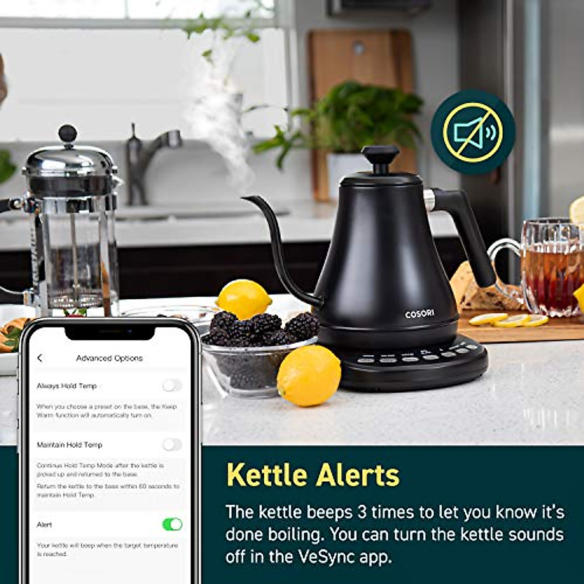 COSORI Electric Gooseneck Kettle Smart Bluetooth with Variable Temperature Control, Pour Over Coffee Kettle & Tea Kettle, 100% Stainless Steel Inner Lid & Bottom, Quick Heating, Matte Black