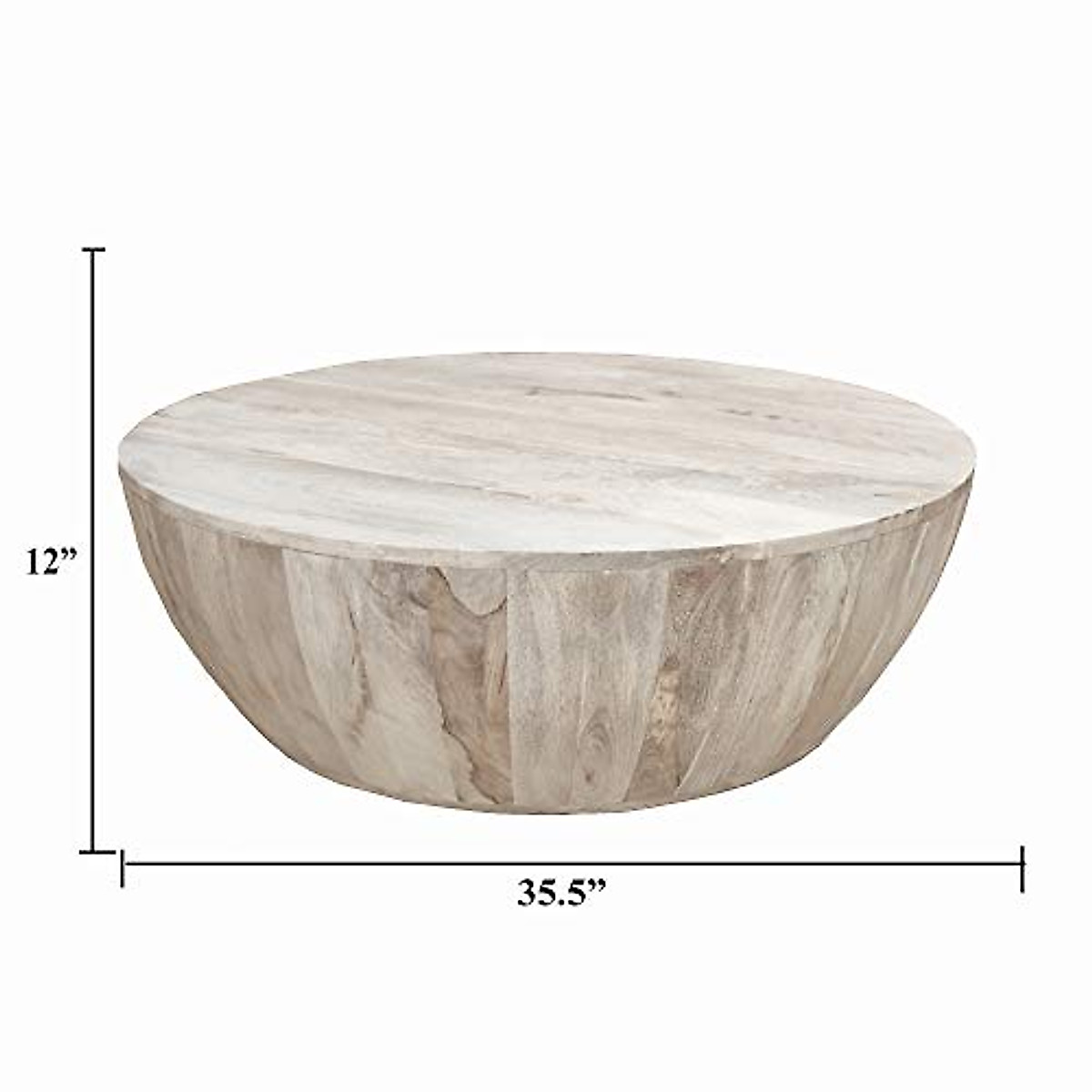 The Urban Port 12-Inch Height Round Mango Wood Coffee Table, Subtle Grains, Distressed White