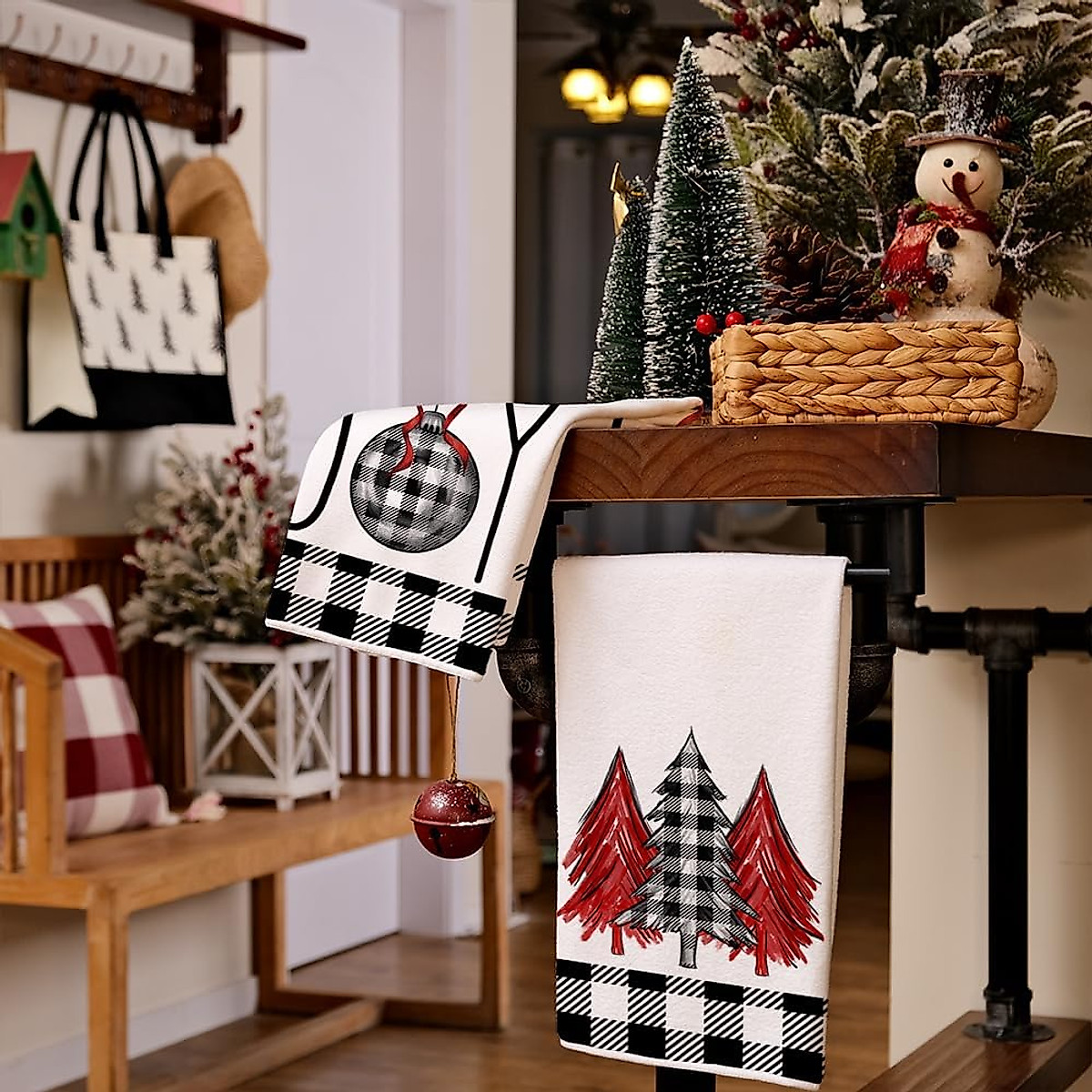 ARKENY Christmas Kitchen Towels Set of 2,Black Buffalo Plaid Xmas Tree Dish Towels 18x26 Inch Drying Dishcloth,Farmhouse Home Decoration AD008