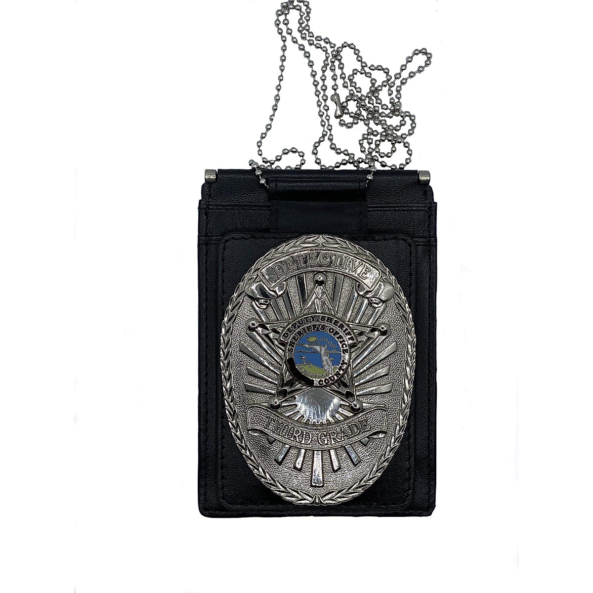 Frag Black Leather Sheriff Police Hidden Badge Wallet & Chain Necklace Lanyard, Medium