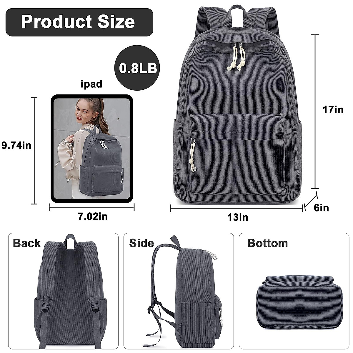 School Backpack for Teens Large Corduroy Bookbag Lightweight 17 inch Laptop Bag for Girls Boys Casual High School College
