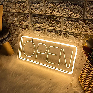 Neon Open Sign for Business, Personalized LED Open Light Up Sign Powered by USB for Bar, Stores, Salon, Coffee Shop Window, Hotel etc Small Business Welcome Neon Sign, Warm White, 15.7x7.5in