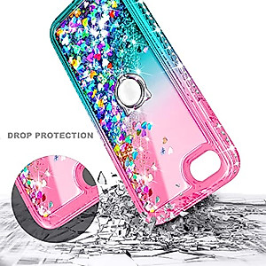 NGB Compatible for iPhone 8 Plus Case, iPhone 7 Plus /6 Plus /6S Plus with Tempered Glass Screen Protector, Ring Holder, Girls Women Kids Liquid Bling Sparkle Glitter Cute Case (Pink/Aqua)