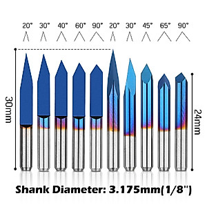 Genmitsu 10 Pcs 1/8'' Shank CNC Router Bits Set, Flat V-bit & Triangular V-bit, 20 /30 /45 /60 /90 Degree 0.1mm Tip, Nano Blue Coat, Engraving Tool for CNC Signmaking Carving Lettering 2D&3D Sculpture